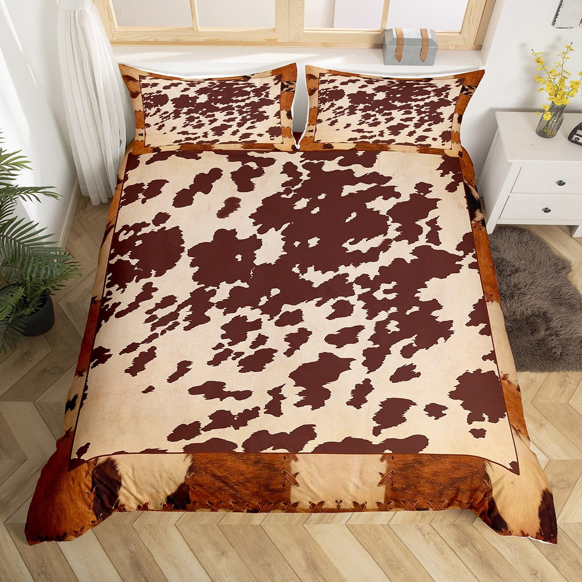 Cow Print Duvet Cover Twin Western Cowhide Bedding Set Farmhouse Rustic ...