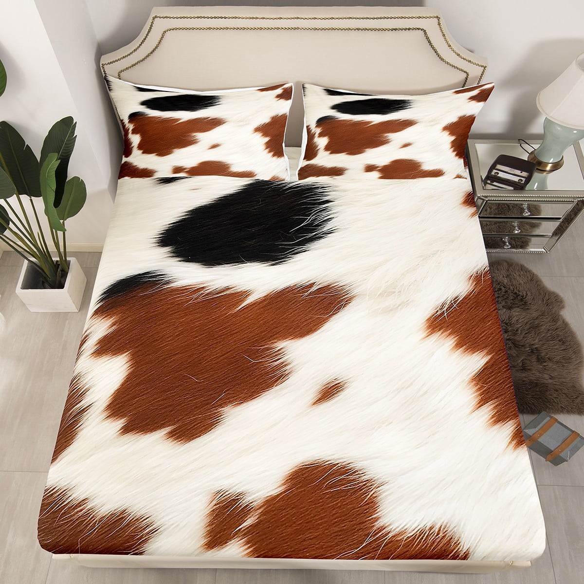 Cow Print Fitted Sheet Queen Size,Rustic Western Cowhide Bed Sheets for ...