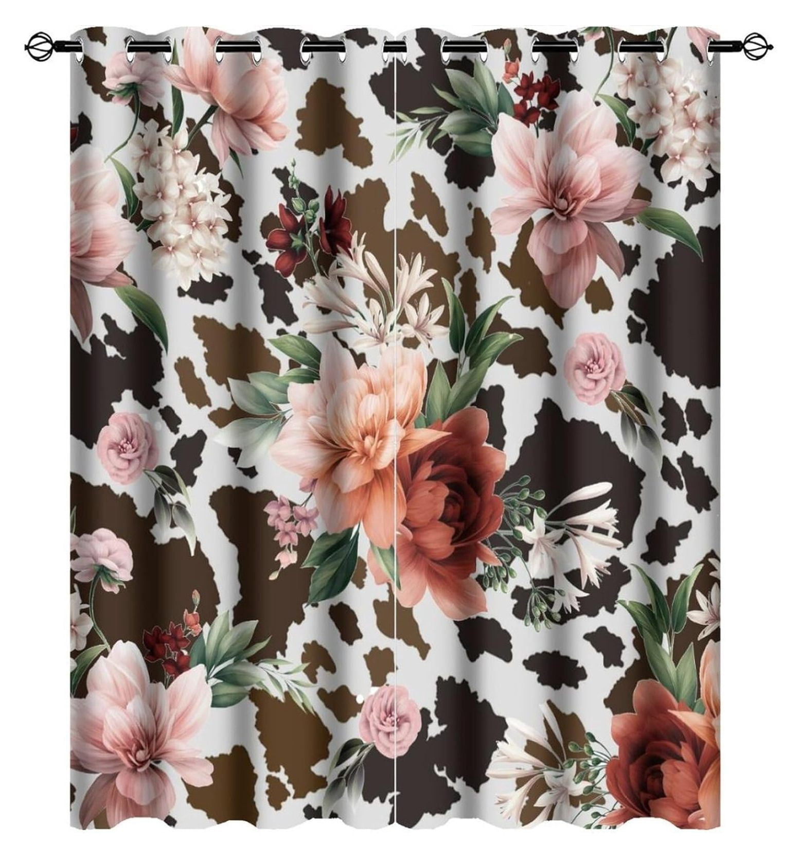 Cow Print Flowers Blackout Curtain Animals Skin Brown Cow Print ...