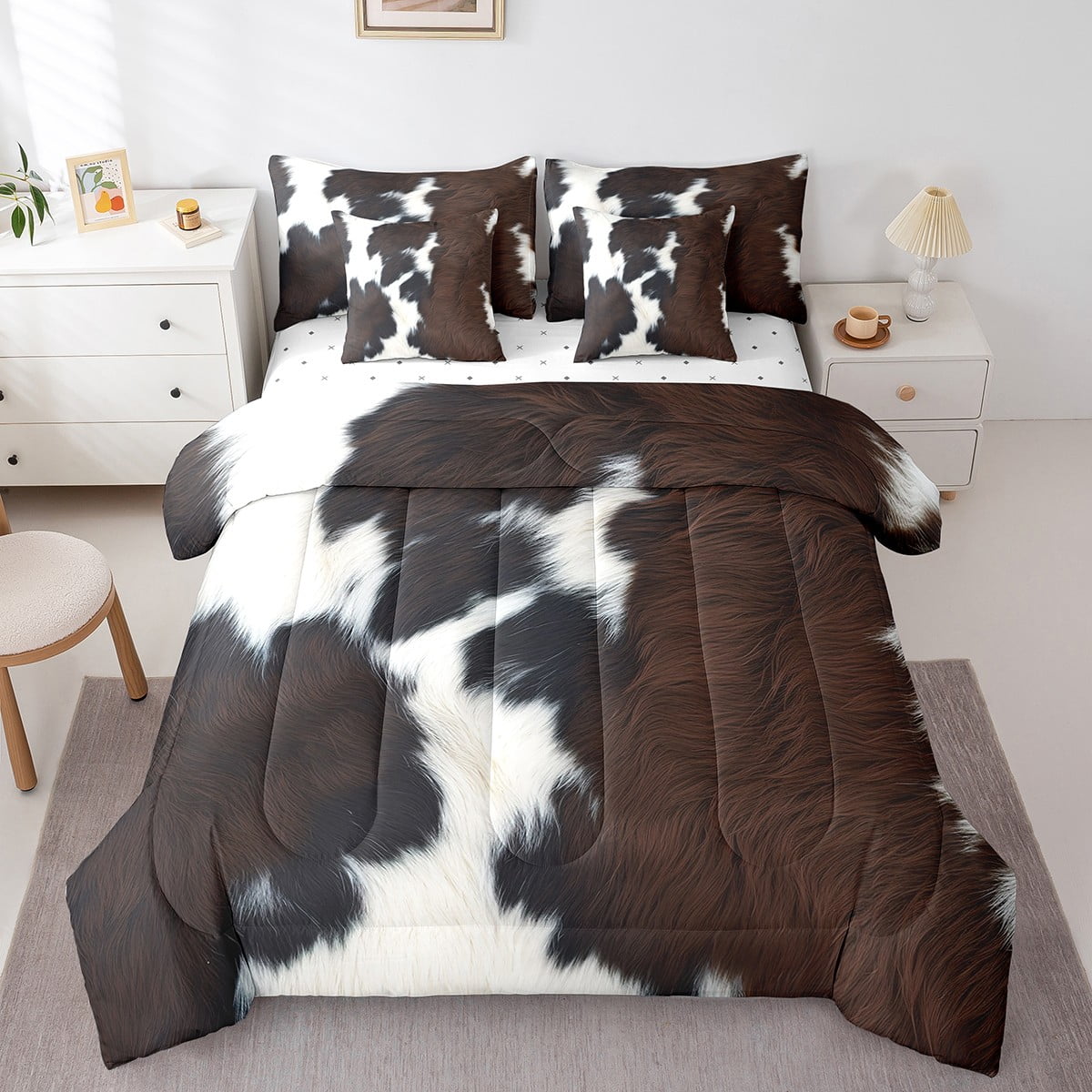 Cow Print Full Comforter Set - Western Highland Cowhide 7 Piece Bedding ...