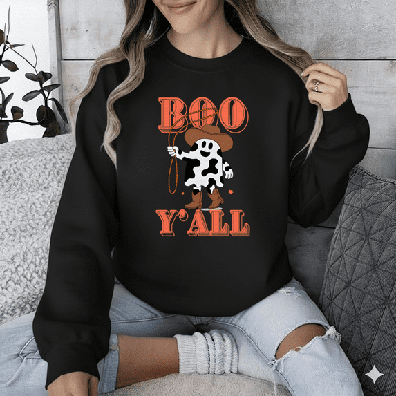 Cow Print Ghost Boo Yall Western Farm Humor Cozy Fall Style Sweatshirt ...