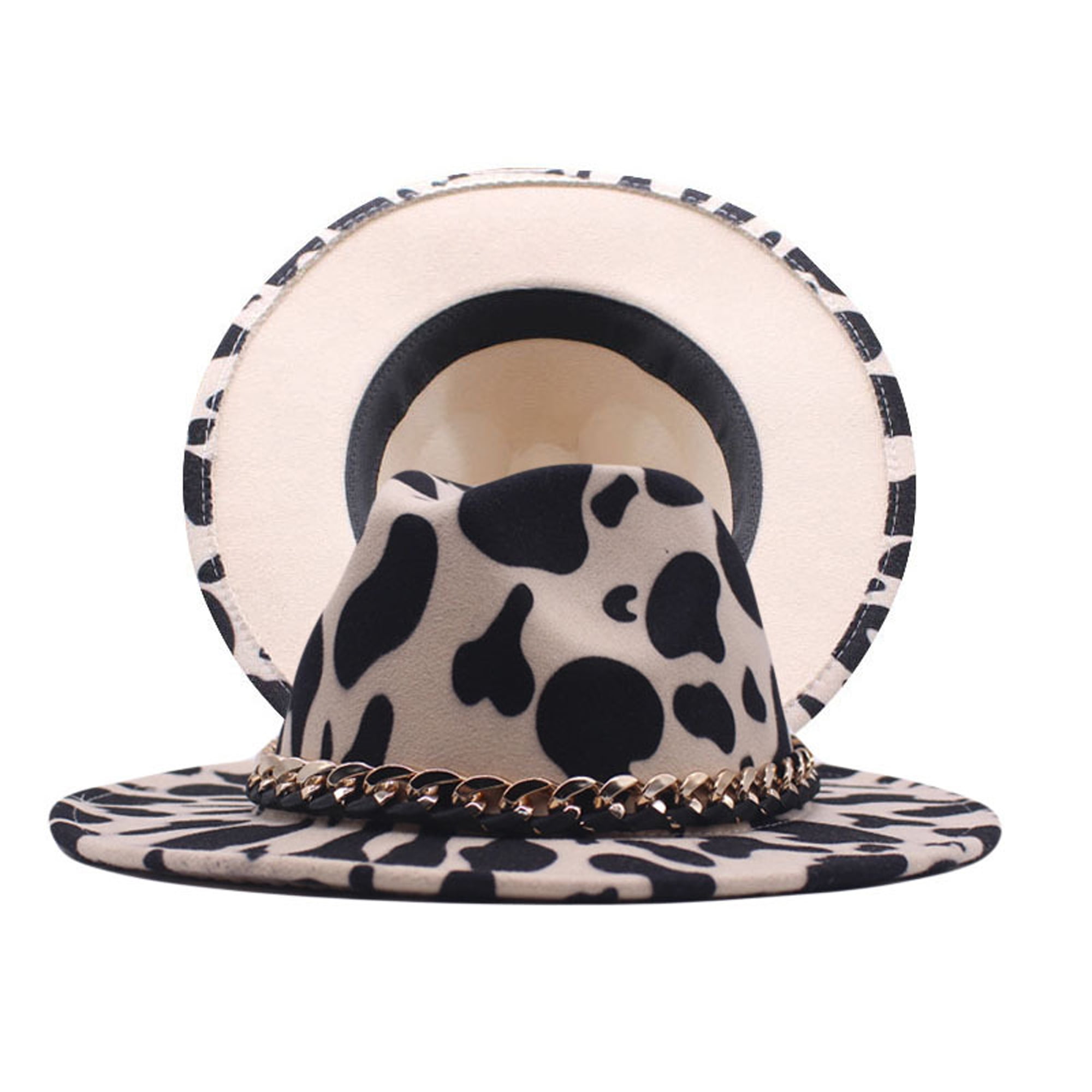 Cow Print Hat Wide Brim Classic Jazz Fedora Hat with Chain Decor ...