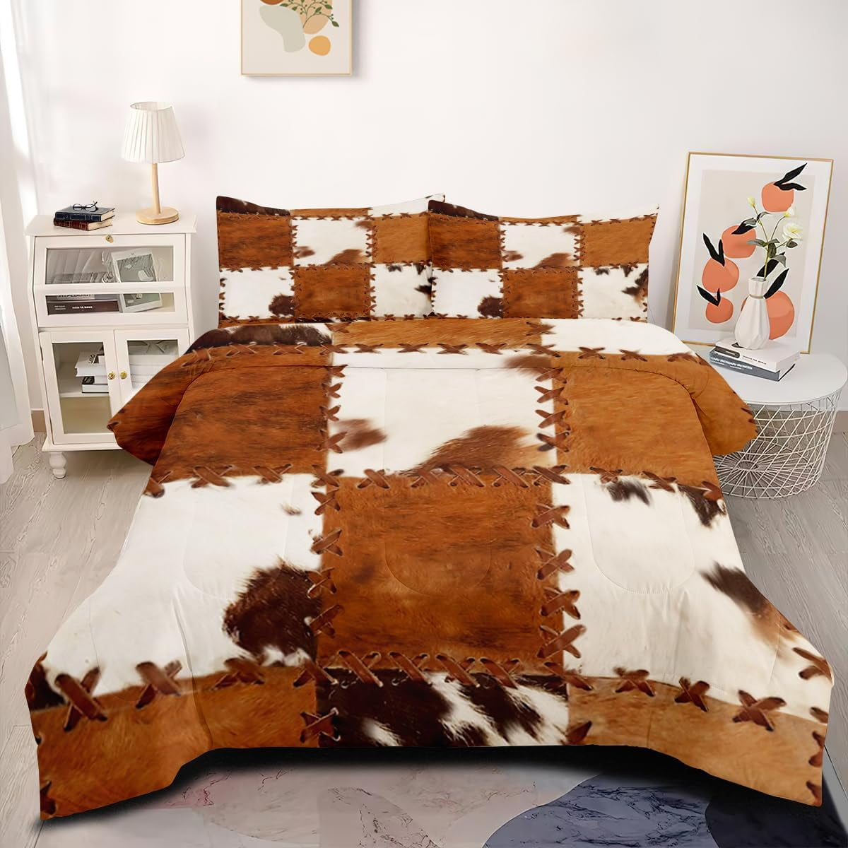 Cow Print King Size Comforter Set with Brown Cow Bedding, Patchwork Cowhide Bedding Set, 3Pcs ...
