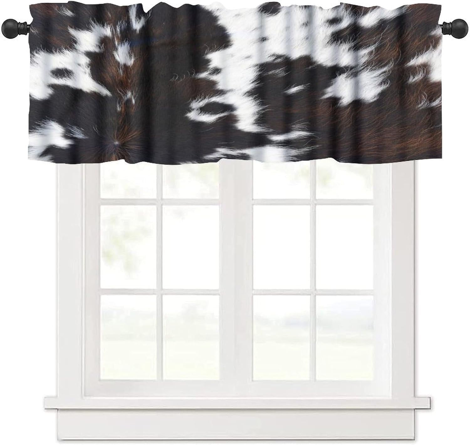 Cow Print Kitchen Valance Curtain, Brown Animal Fur Western Rustic ...