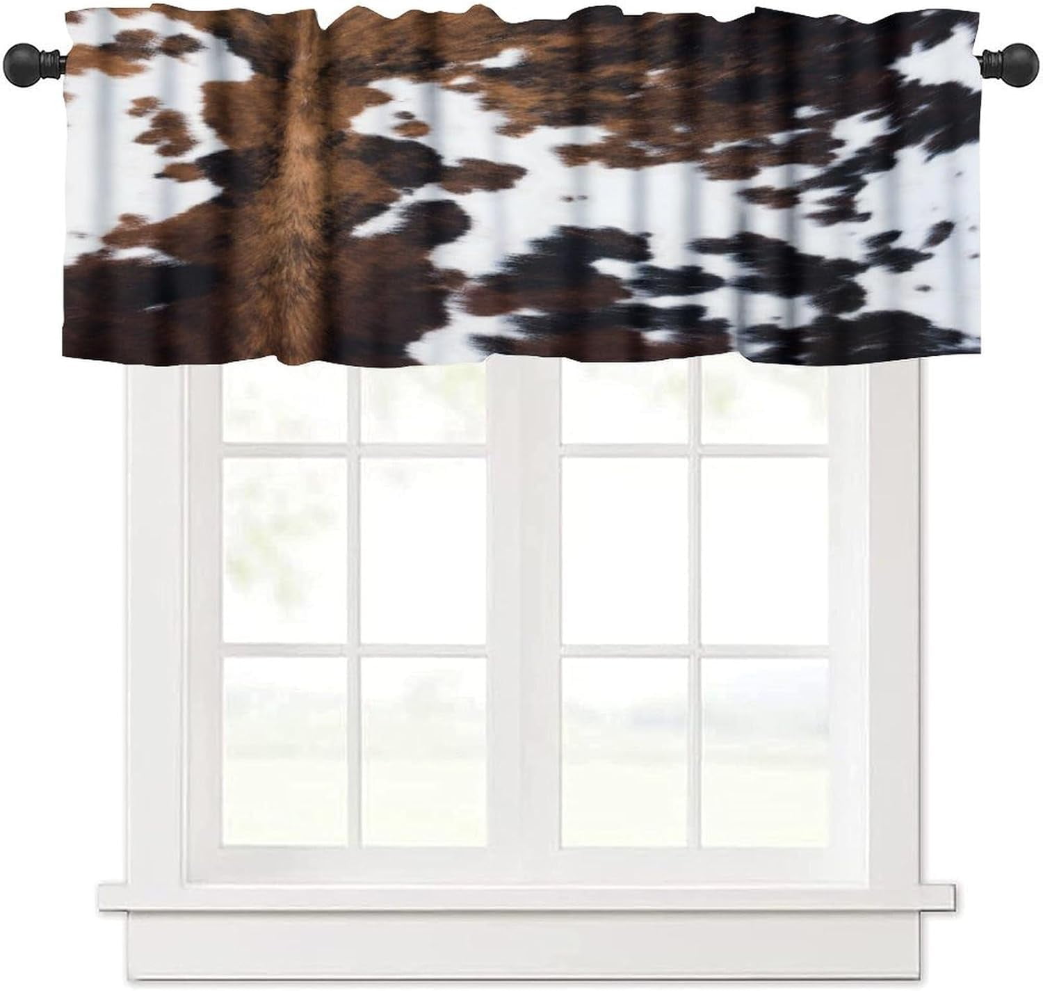 Cow Print Kitchen Valance Curtain, Brown White Cowhide Animal Fur ...