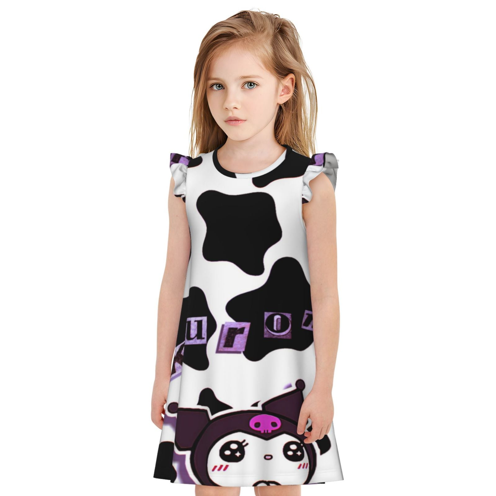 Cow Print Kuromi Little Girls Nightgown Short Flutter Sleeve Pajamas ...