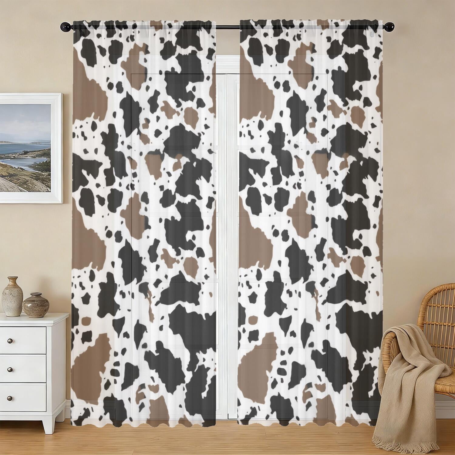 Cow Print Pattern Sheer Curtains, Rod Pocket Sheer Drapes with Dual Rod ...
