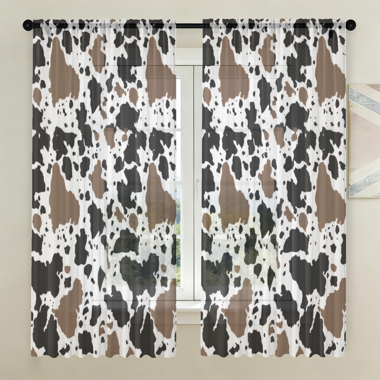 Cow Print Pattern Sheer Curtains, Sheer Curtain Panels with Dual Rod ...
