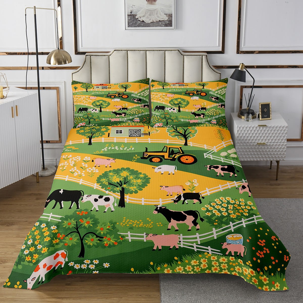 Cow Print Queen Quilt Set Tractor Bedspread Western Farmstyle Bed Set ...