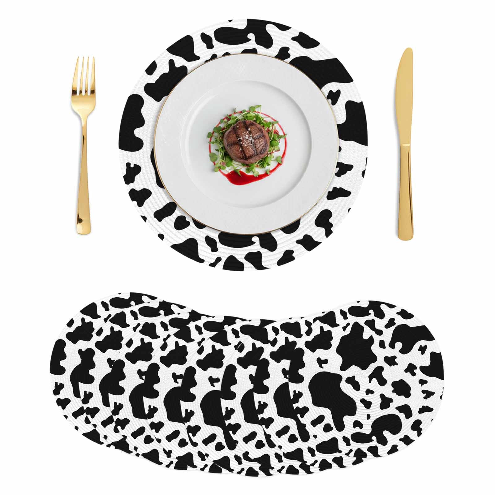 Cow Print Round 15 Inch Placemats Set of 8, Modern Black White Farm ...