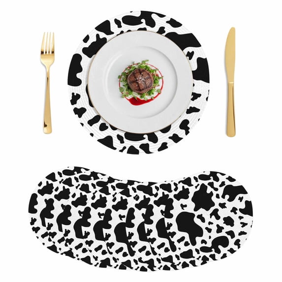 Cow Print Round 15 Inch Placemats Set of 8, Modern Black White Farm ...