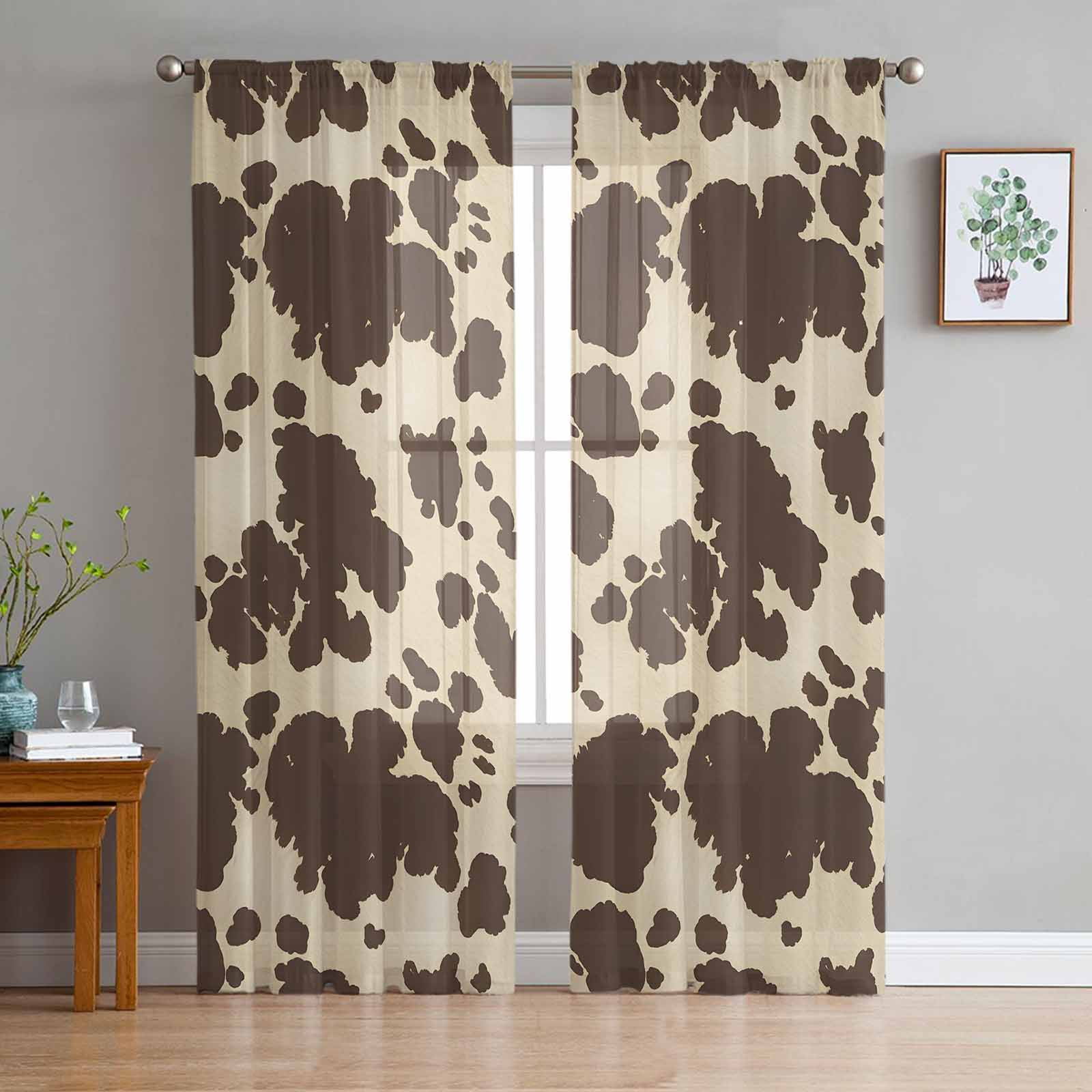 Cow Print Semi Sheer Window Curtains 84 Inches Long, Farmhouse Beige ...