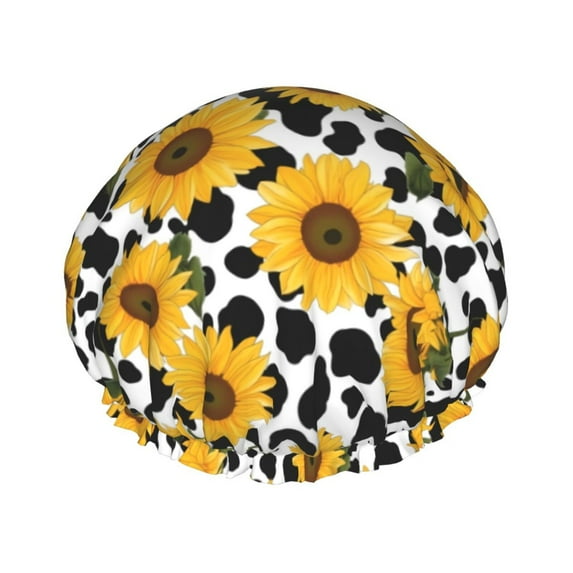 Cow Print Sunflower E Shower Cap for Women, Double Waterproof Layers ...
