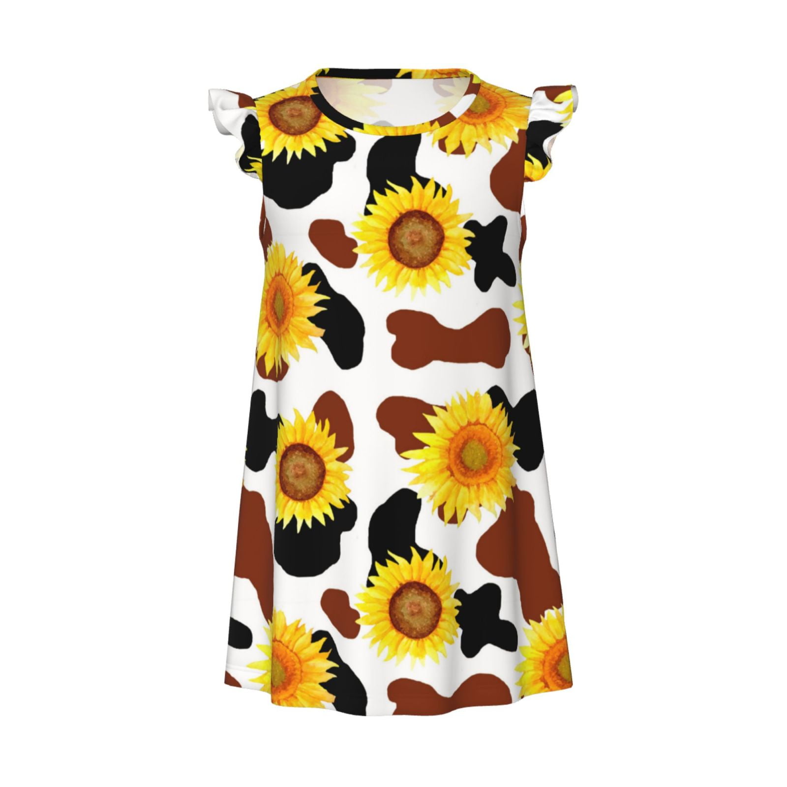 Cow Print Sunflower Girls Nightgowns, Flutter Sleeve Pajamas Nightdress ...