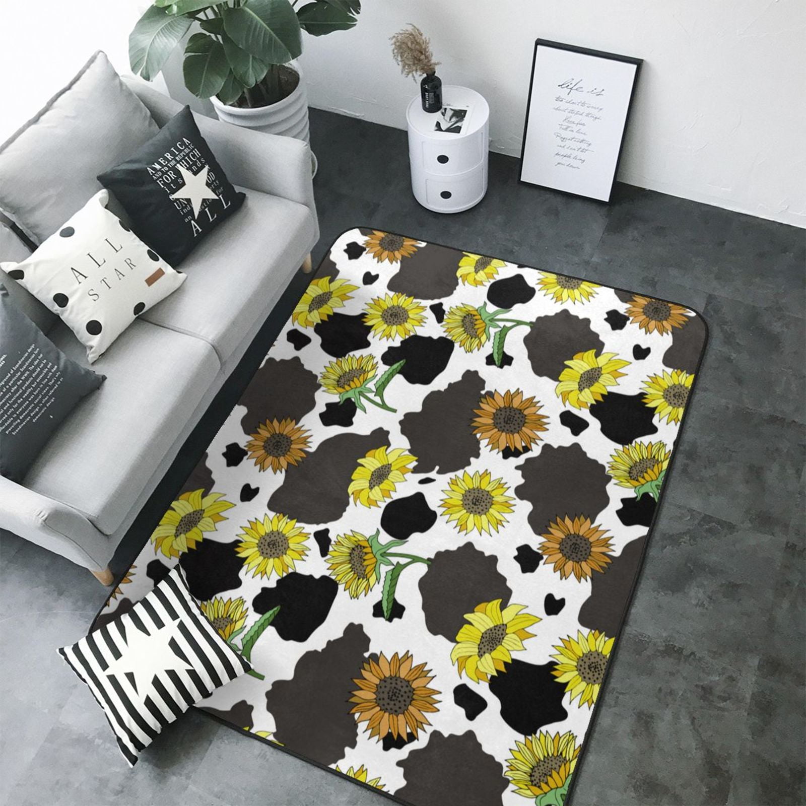 Cow Print Sunflowers Black White Area Rugs for Living Room Bedroom, 5x7 ...