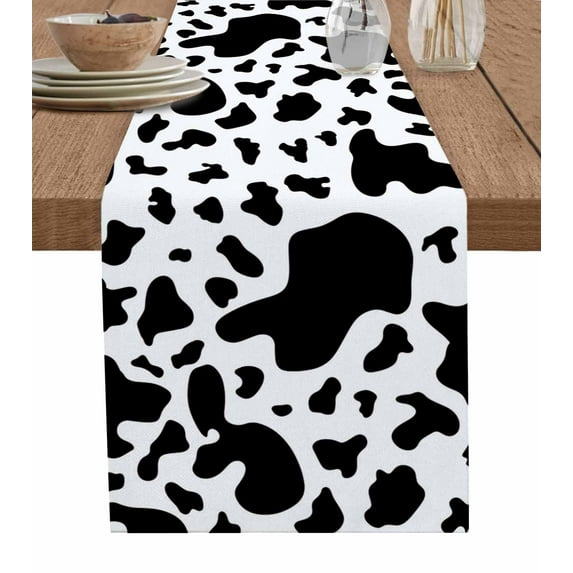 Cow Print Table Runner 120 Inches, Modern Black White Farm Animal ...
