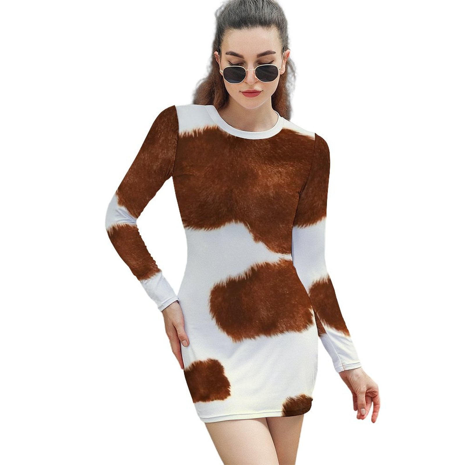 Cow Print Texture Women's Long Sleeve Bodycon Dress Soft Stretchy For ...