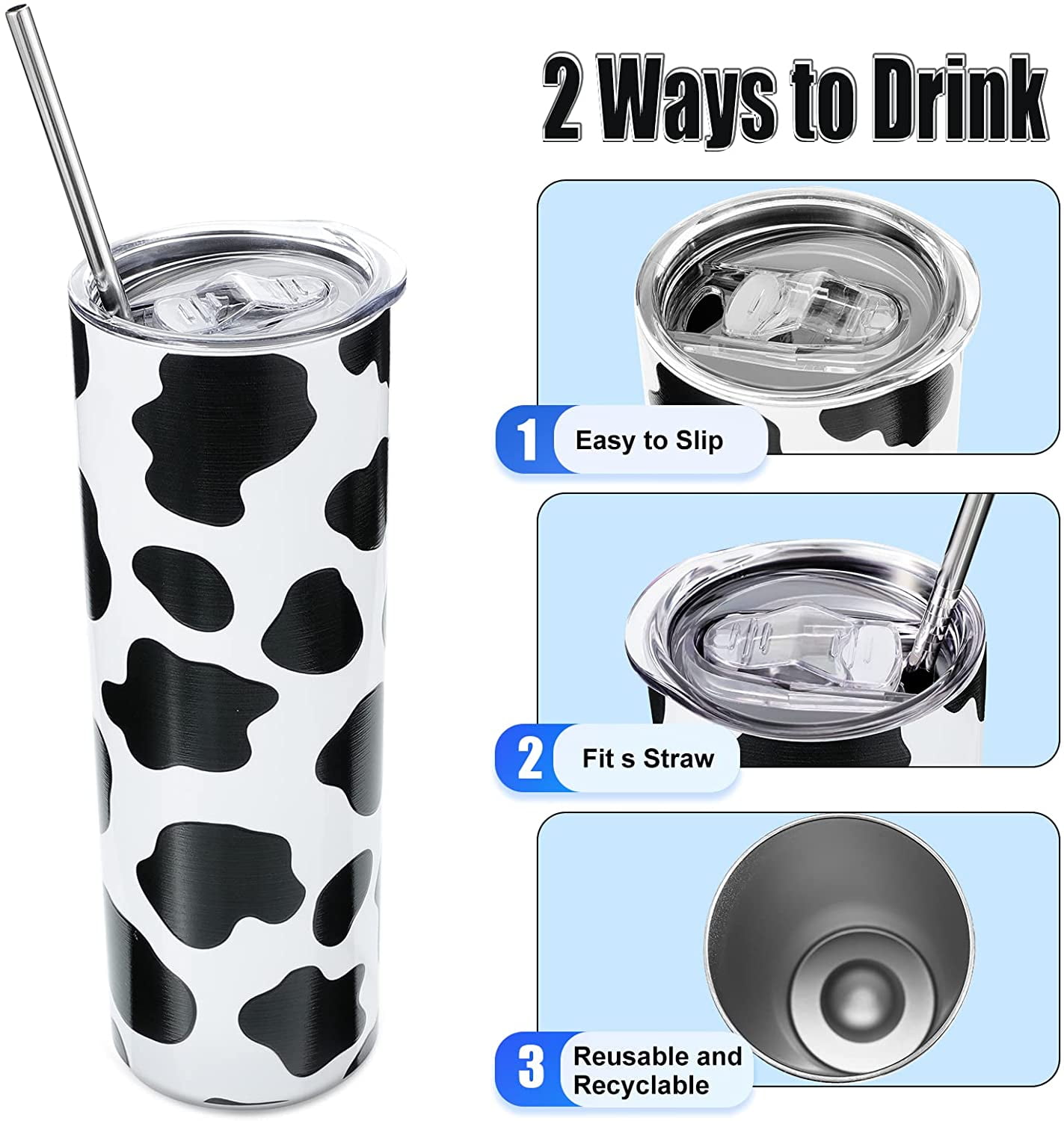 Cow Print Tumbler with Lid and Straw Stainless Steel Insulated Thermal ...