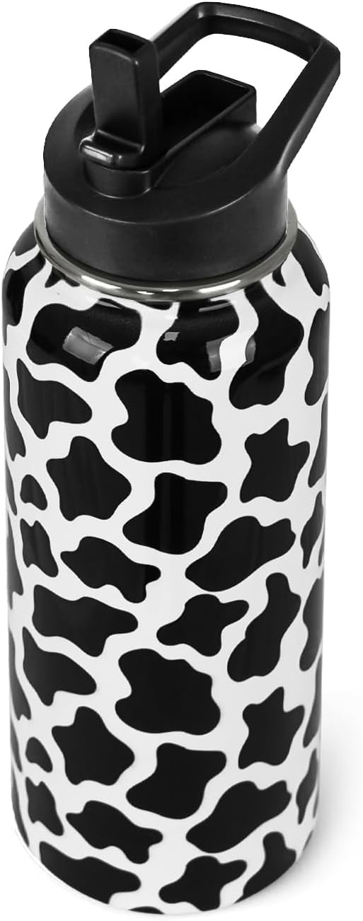 Cow Print Water Bottle with Straws Double Walled Vacuum Insulated ...