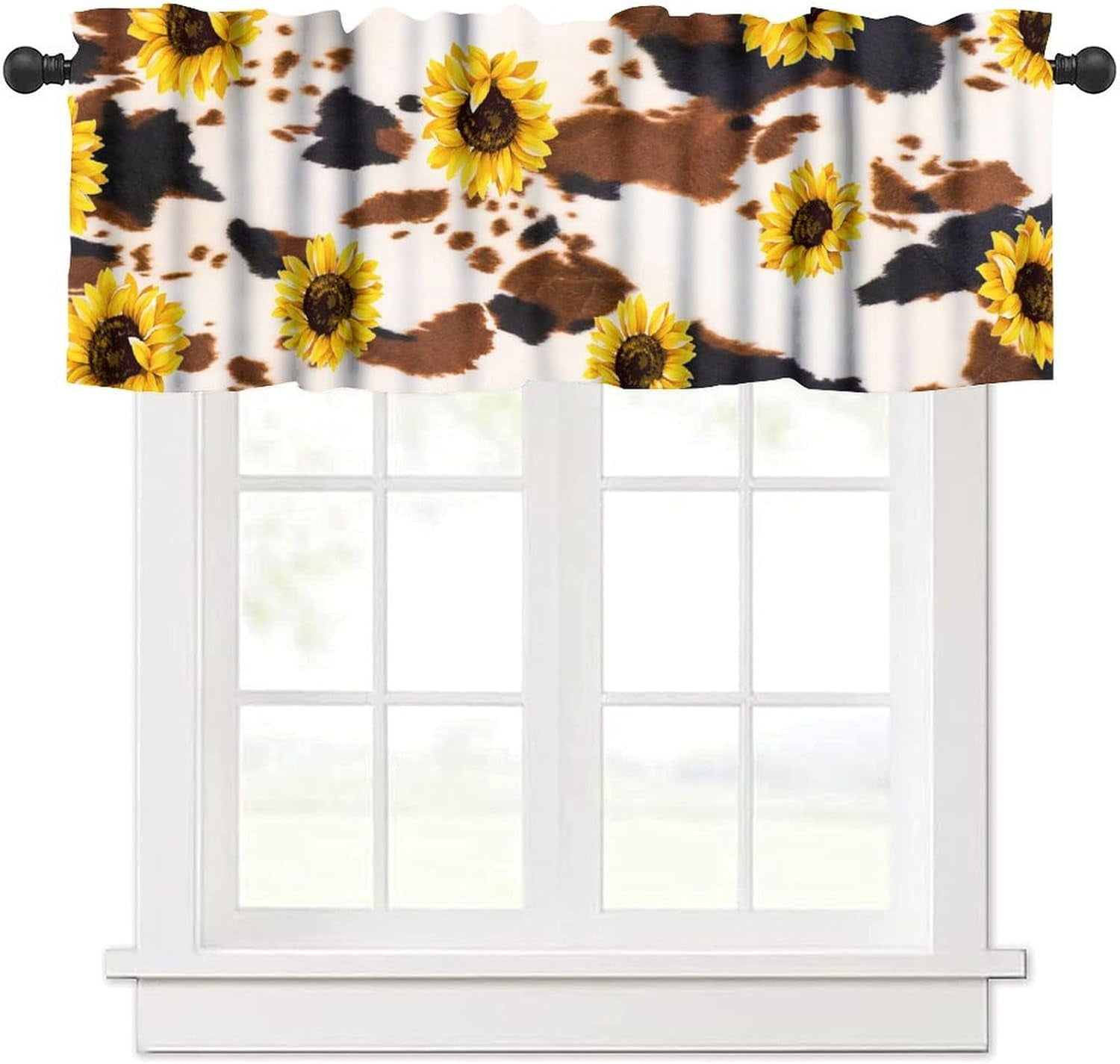 Cow Print Window Valance, Brown Black Cowhide Sunflower Animal Fur ...