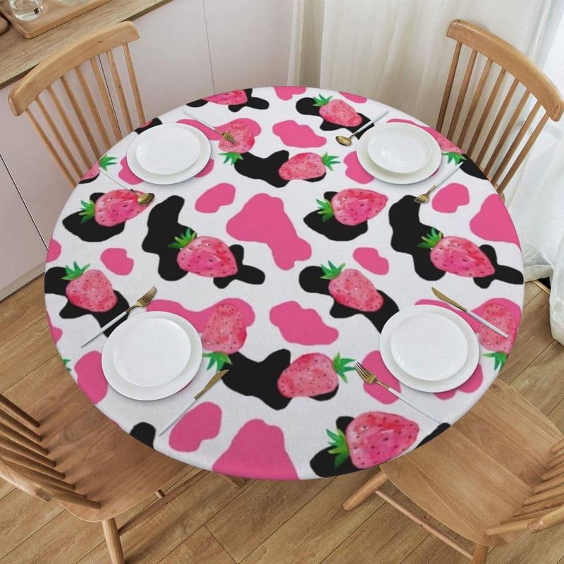 Cow Print and Strawberry Round Fitted Tablecloth with Elastic Fitted ...