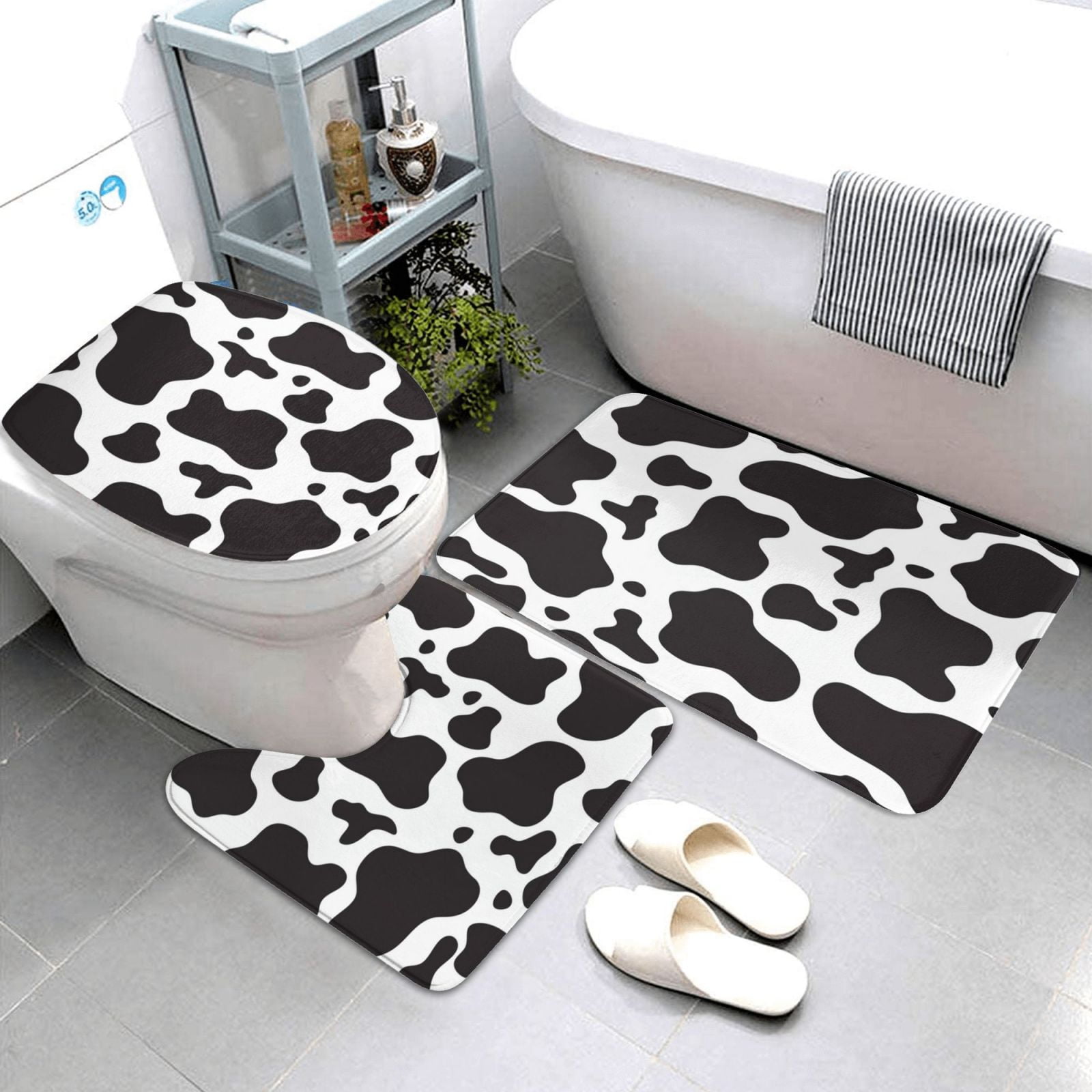 Cow Print Bath Mat Set 3 Piece Non Slip Rug Toilet Lid Cover Bathroom ...