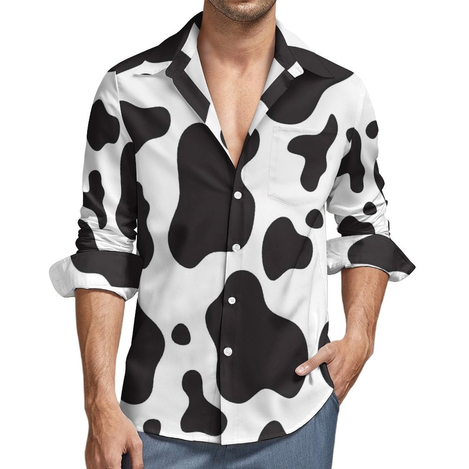 Cow Print Hawaiian Shirt for Men Long Sleeve Button Down Beach Shirts ...