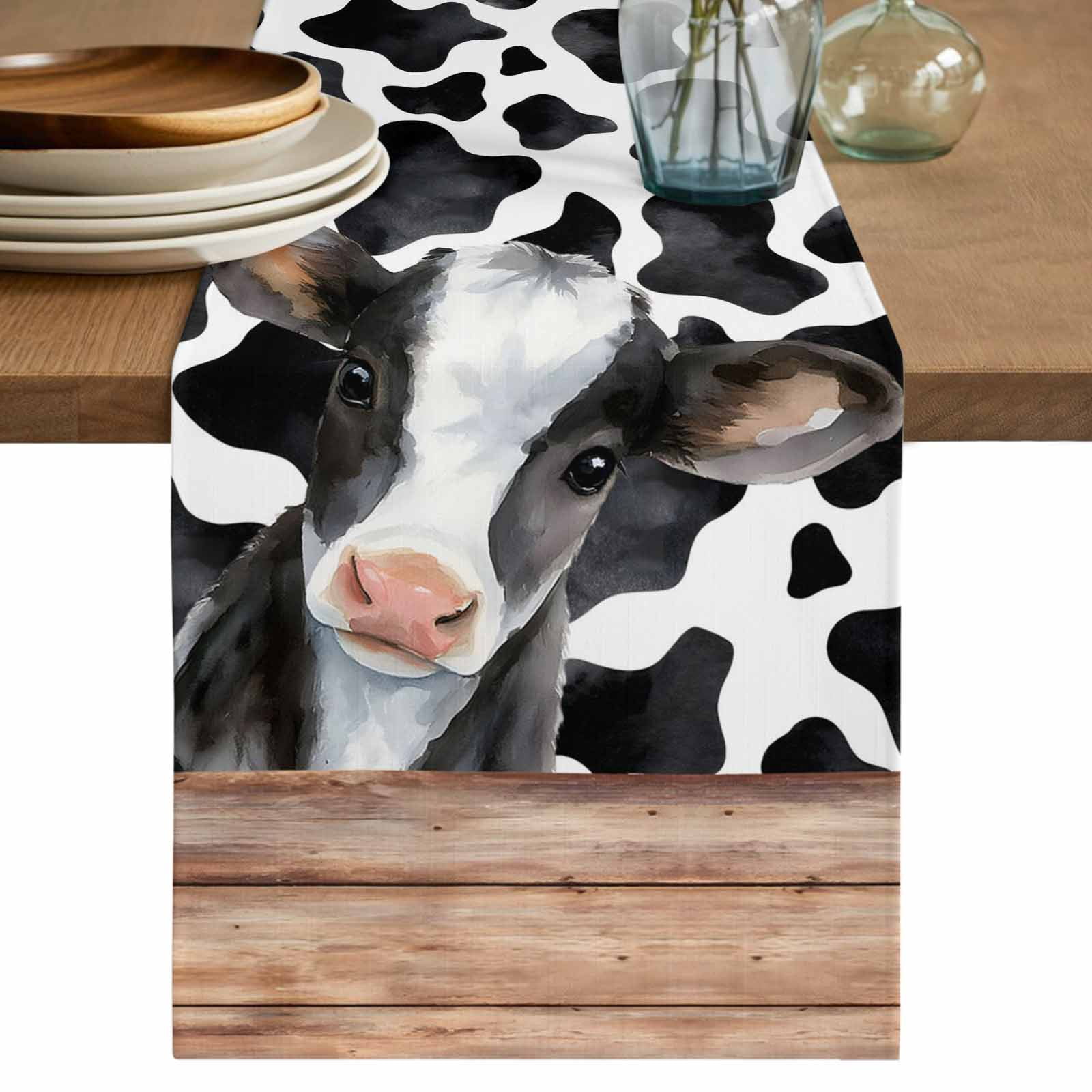 Cow Printed Table Runner 72 Inches, Farmhouse Watercolor Country Wooden ...