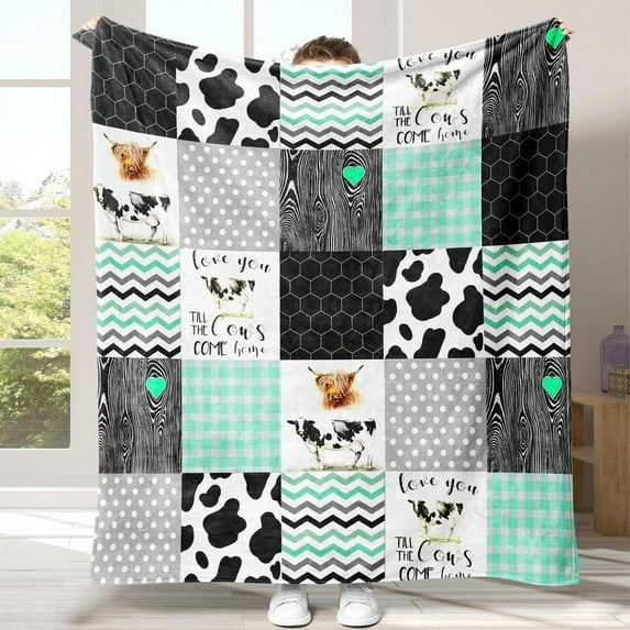Cow Puzzle Pattern Flannel Blanket, 1 Count Soft Warming Bedding ...