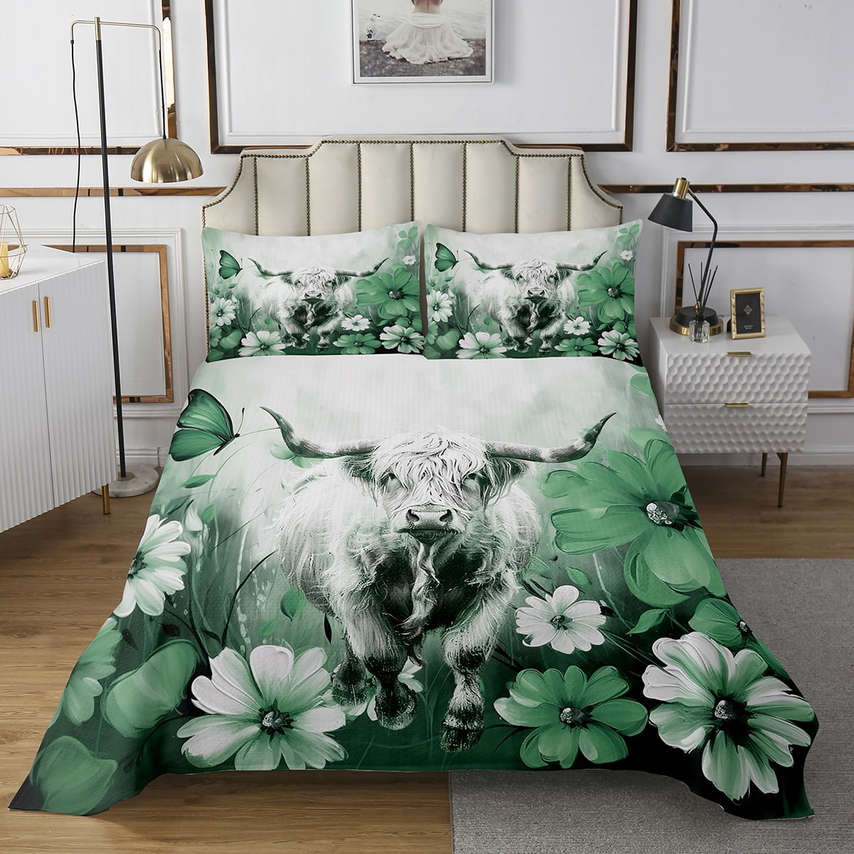 Cow Quilt Set Daisy Flowers Twin Bedspread Set s,Cyan Ombre Oil ...