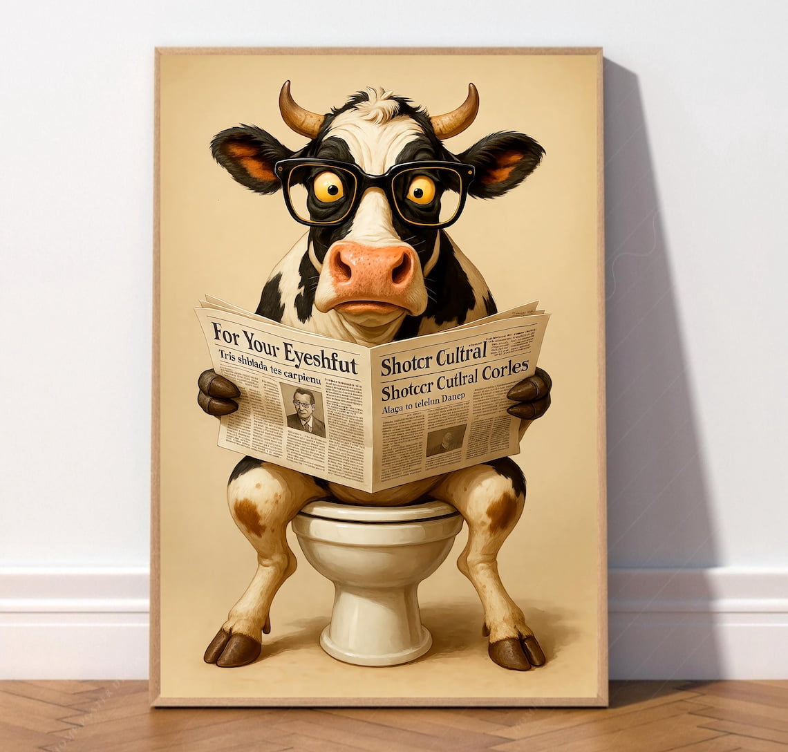 Cow Reading Newspaper In The Toilet Art Print, Animal Farmer Print For ...