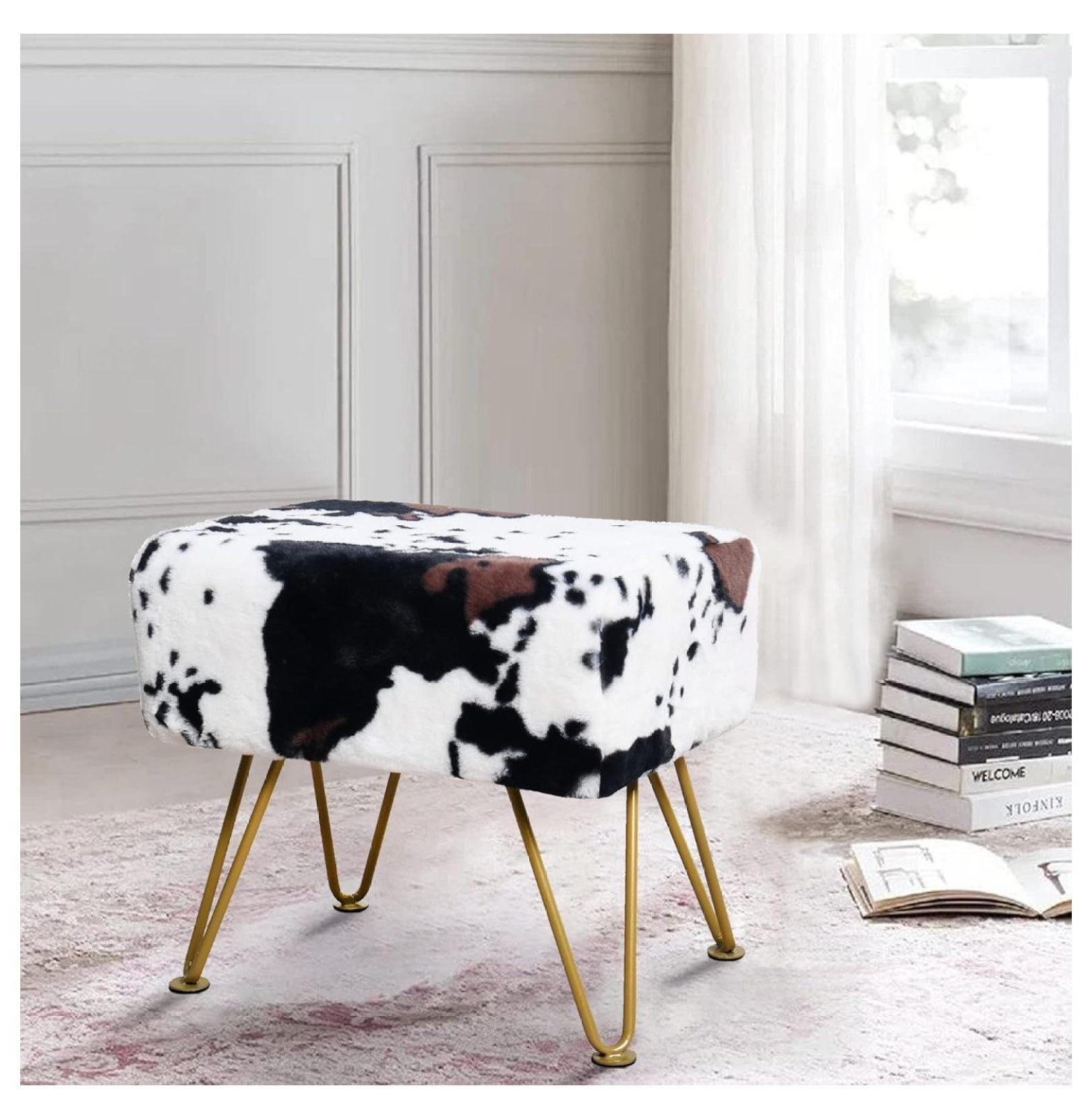 Cow Rectangle Faux Fur Ottoman Soft Fuzzy Entryway Bench Seat, 19"x13 ...