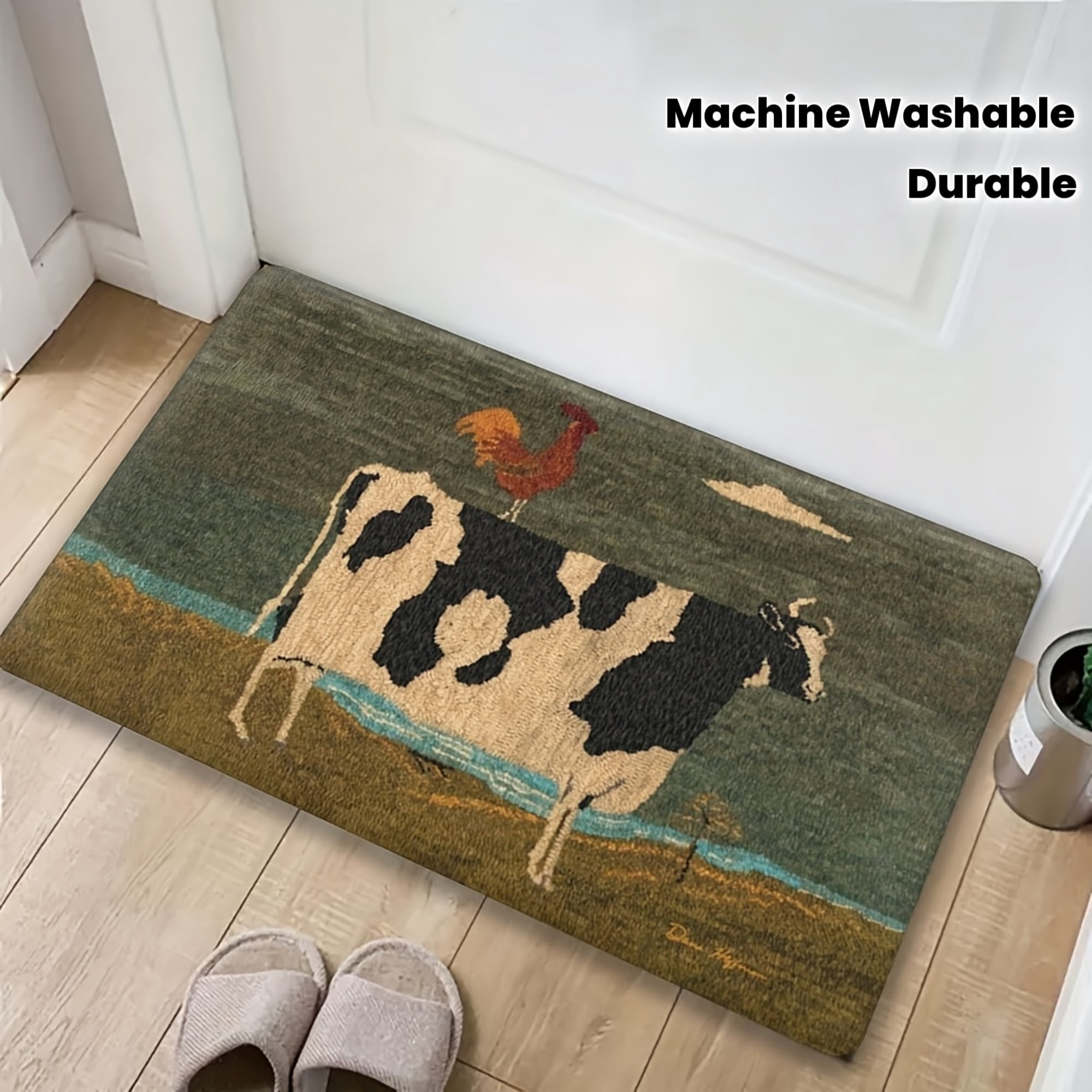 Cow Rooster Pattern Non-Slip Doormat, Soft Durable Flannel, Machine ...