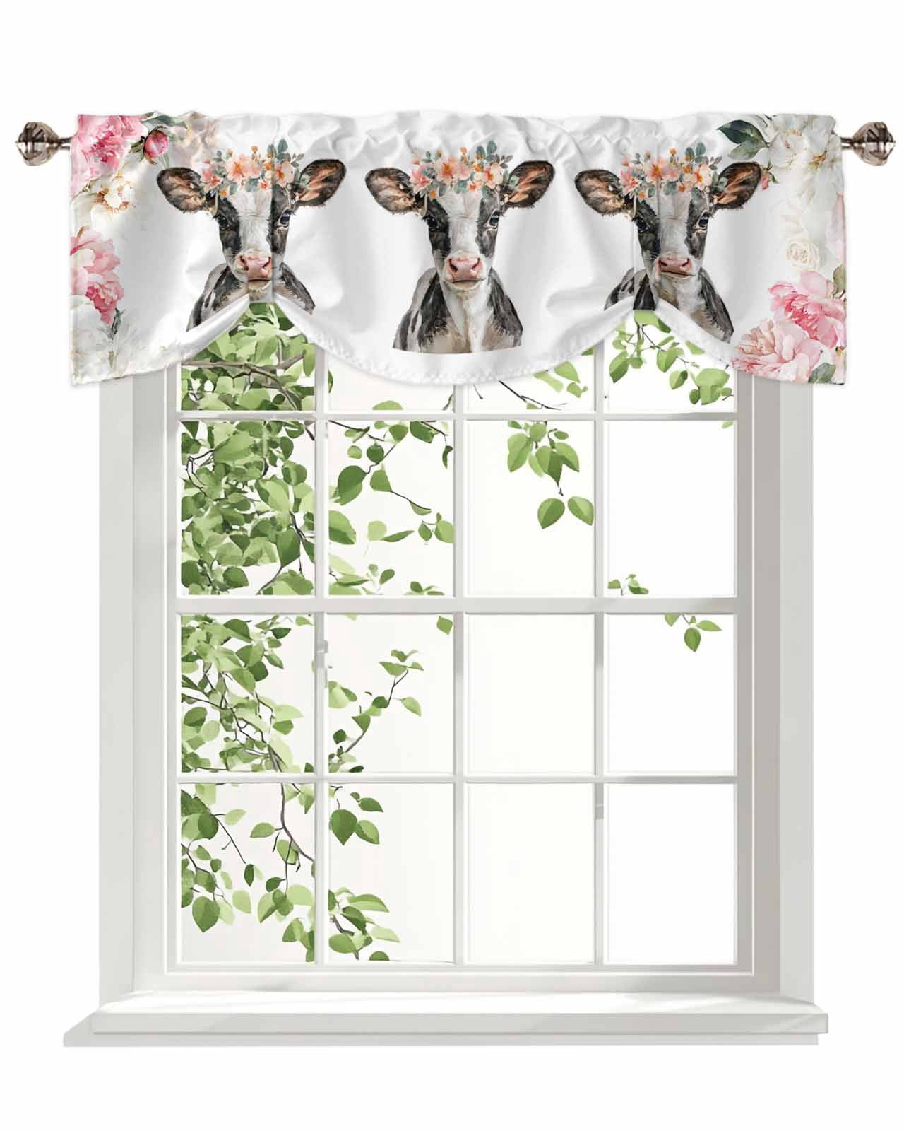 Cow Rose Tie Up Valances Curtain, Pink Watercolor Floral Spring Nature ...