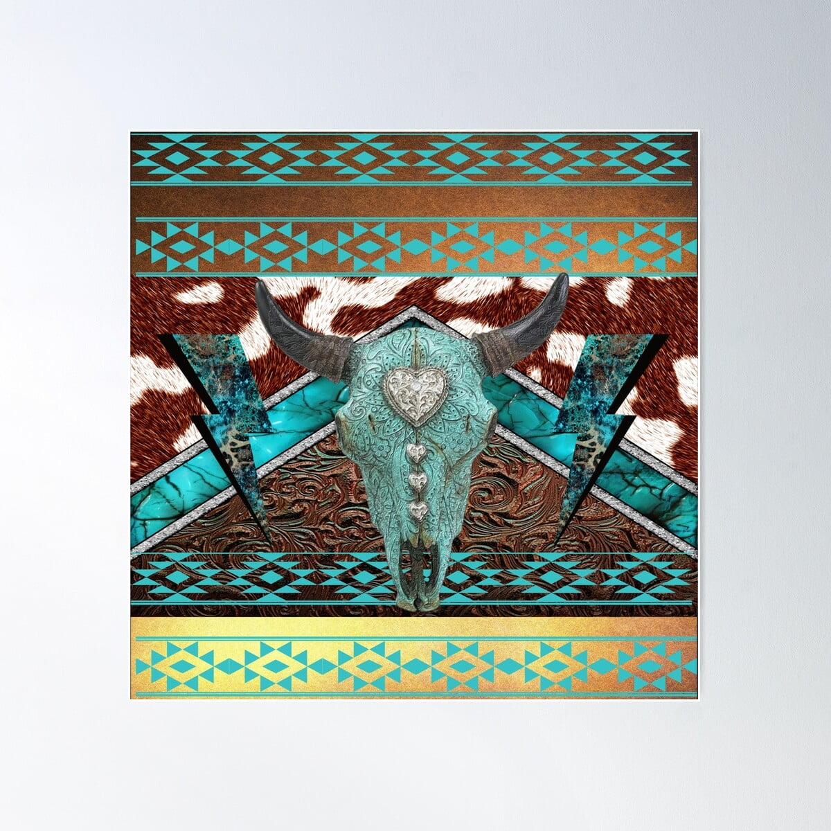Cow Scull With Cowhide, Tooled Leather, Turquoise And Lightening Bolts ...