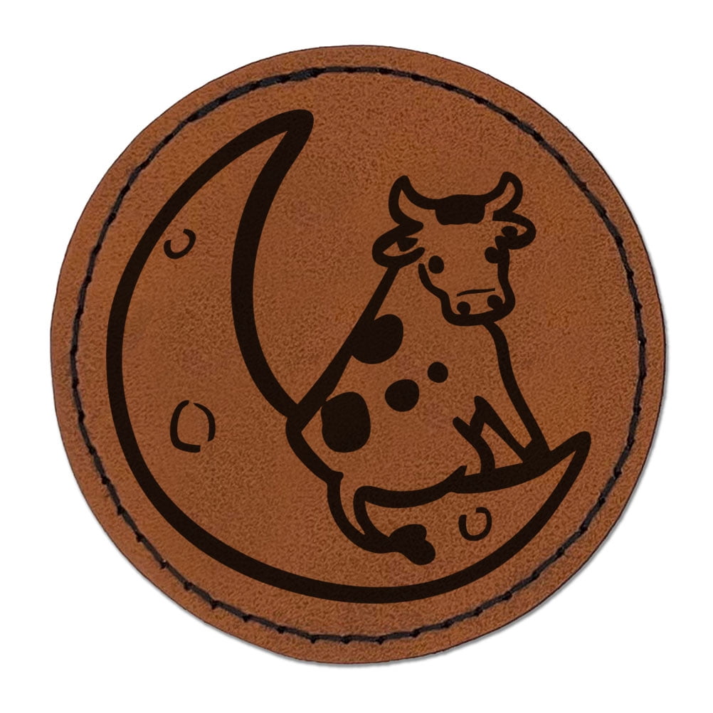 Cow Sitting on Moon Milky Way Spots Round Iron-On Engraved Faux Leather ...