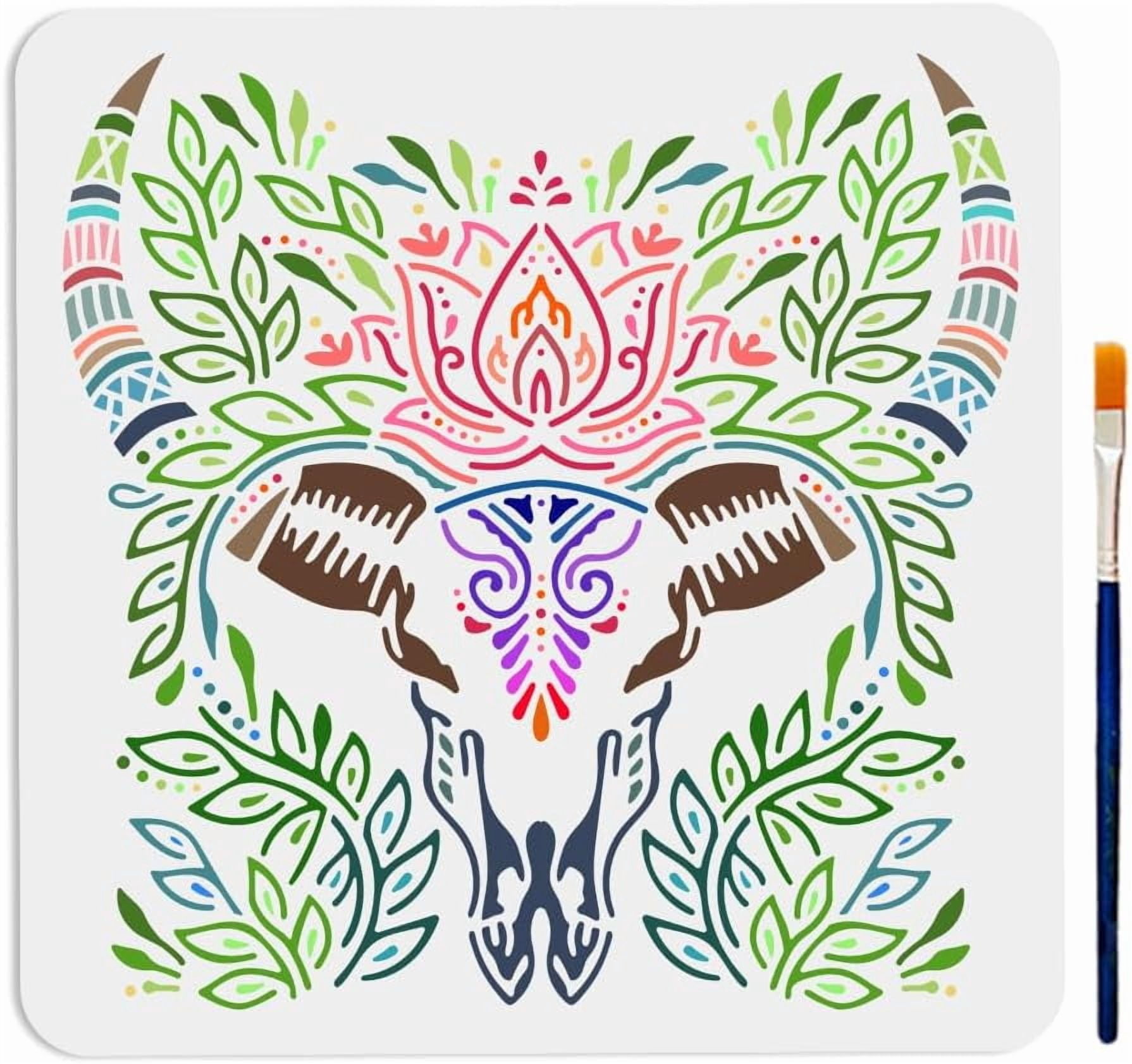 Cow Skull Stencil 11.8×11.8inch Leaves Bull Head Drawing Stencils with ...