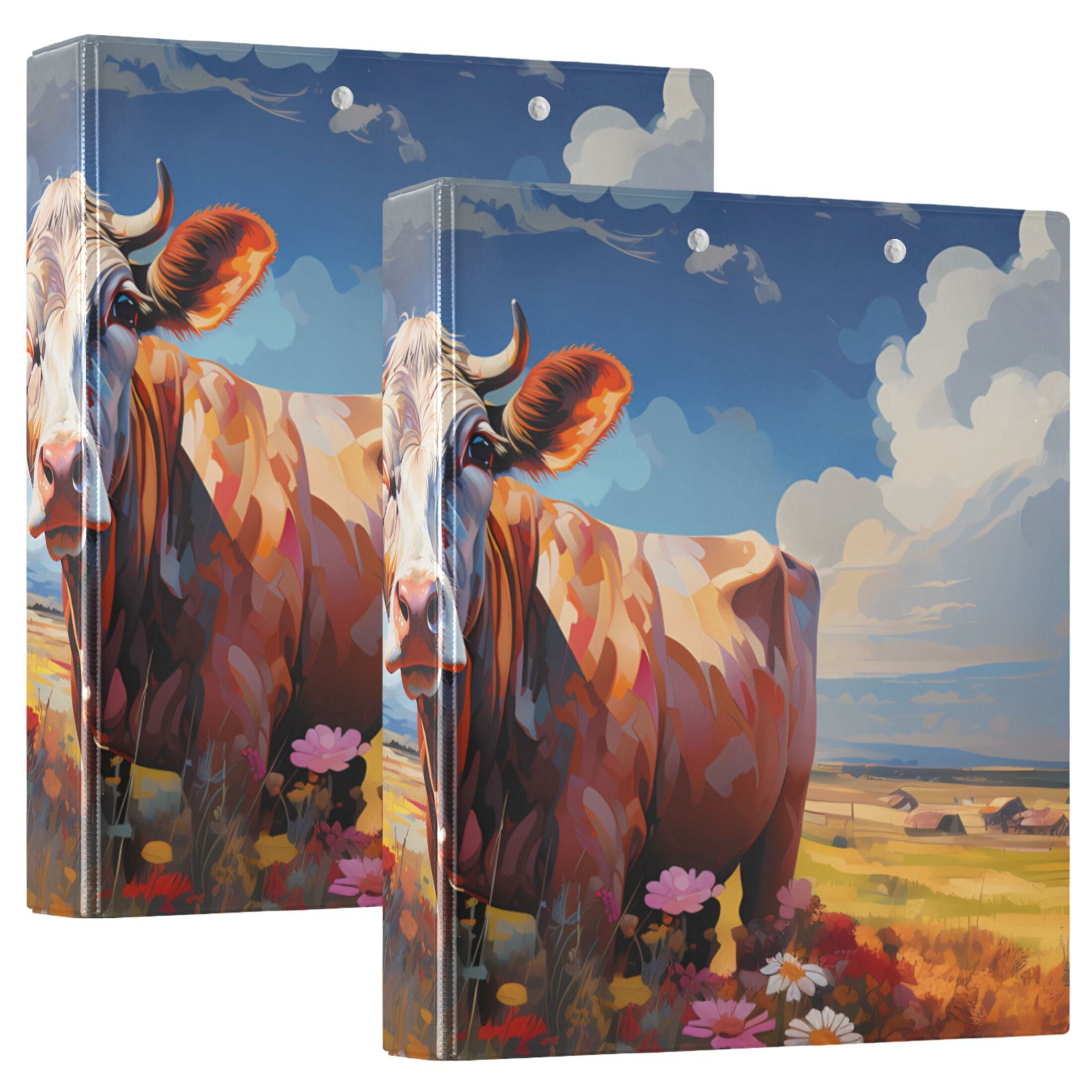 Cow Sky Flowers Grass Houses 3 Ring Binders 1.5 inch Hardcover File ...