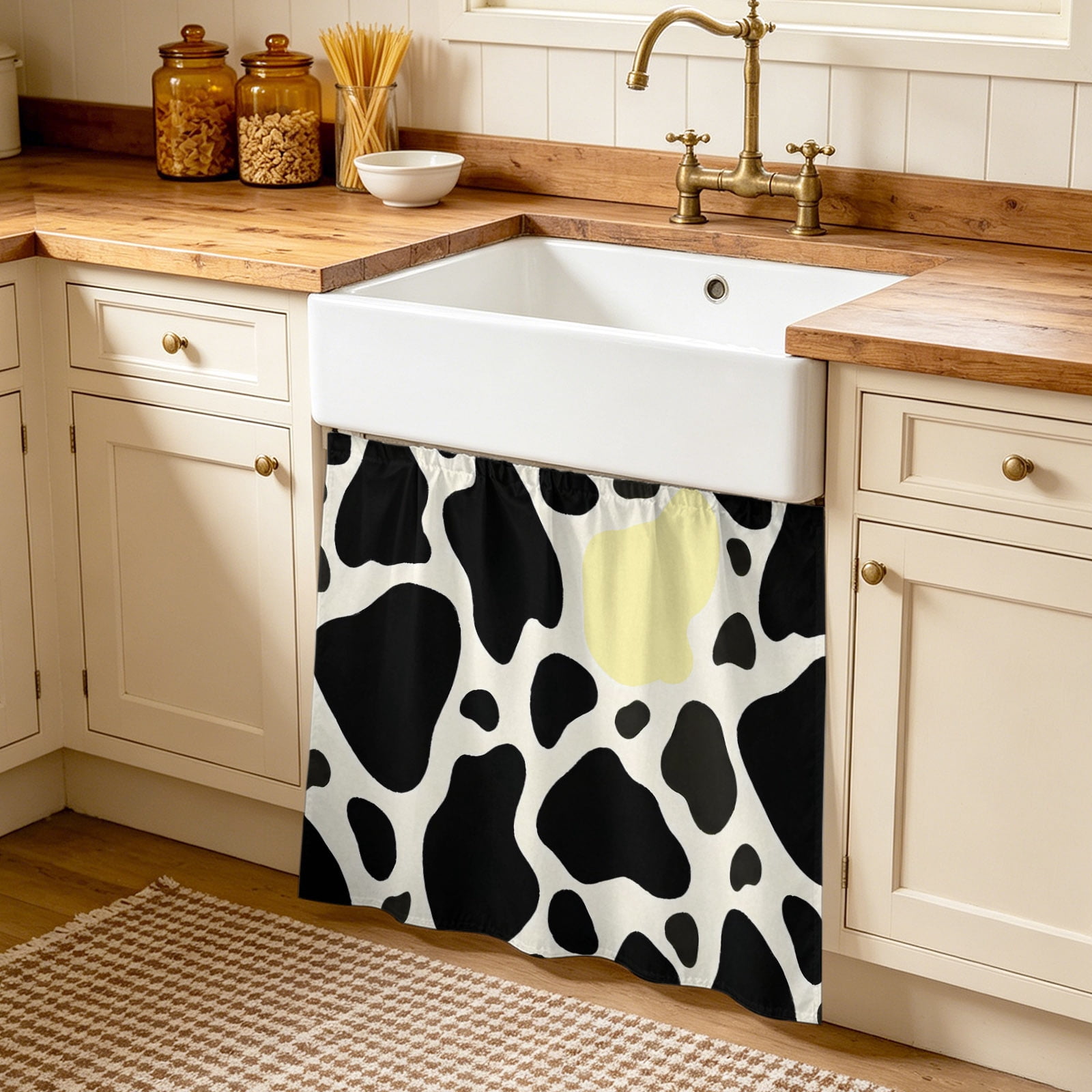 Cow Spots Pattern Cabinet Curtains 35"W x 35"L, Black Yellow Farmhouse ...