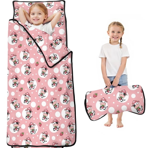 Cow and Strawberry Pink Pattern Kids Nap Mat, Preschool Sleeping Pad ...