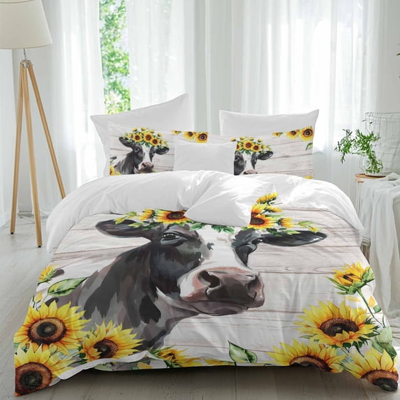 Cow Sunflower 4 Piece Duvet Cover Set Queen Size Plant Farm Flower Soft ...