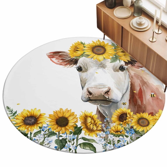 Cow Sunflower 5ft Non Slip Round Area Rug Country Style Bee Floral ...