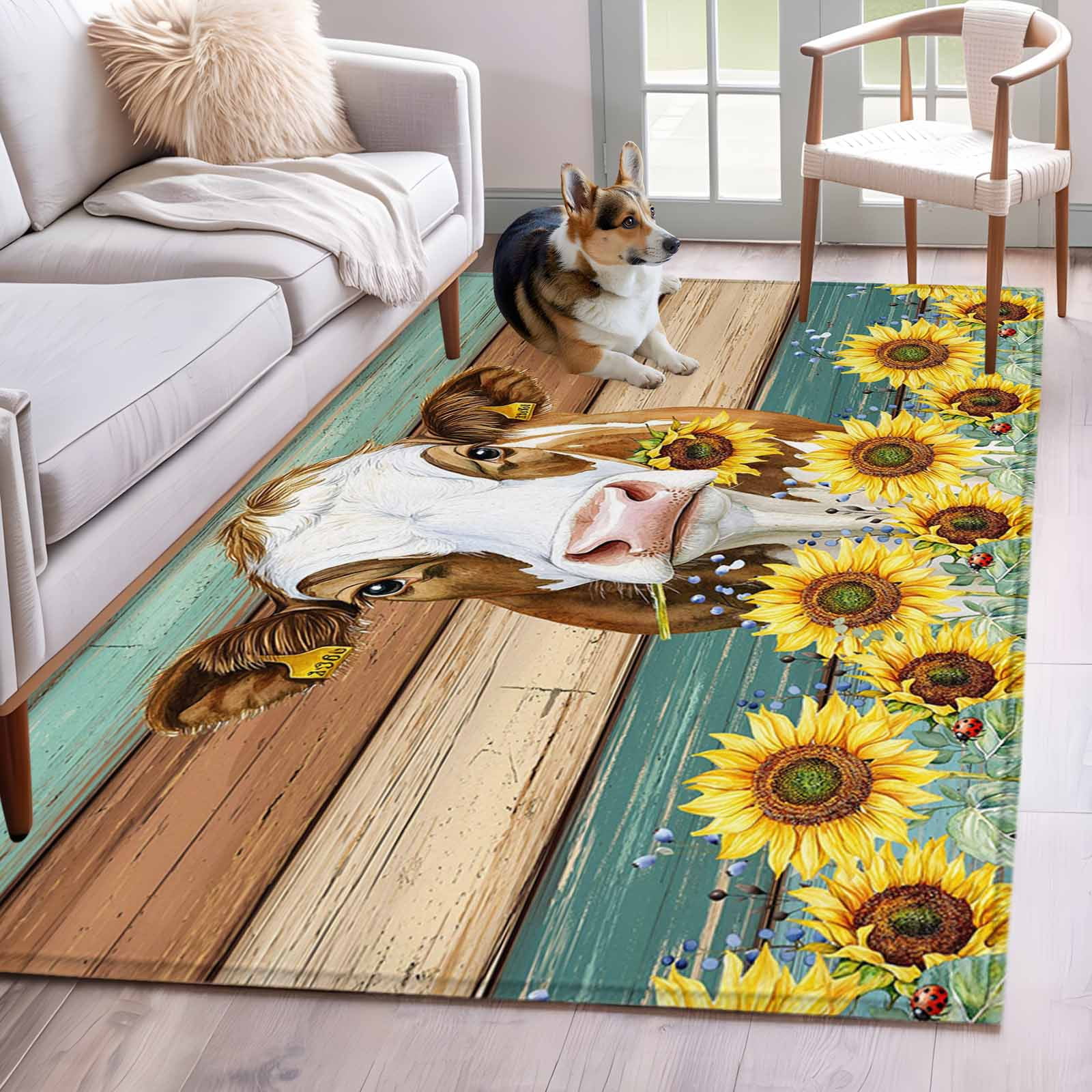 Cow Sunflower Area Rugs 4x6 ft Plant Farm Flower Wood Grain Washable ...