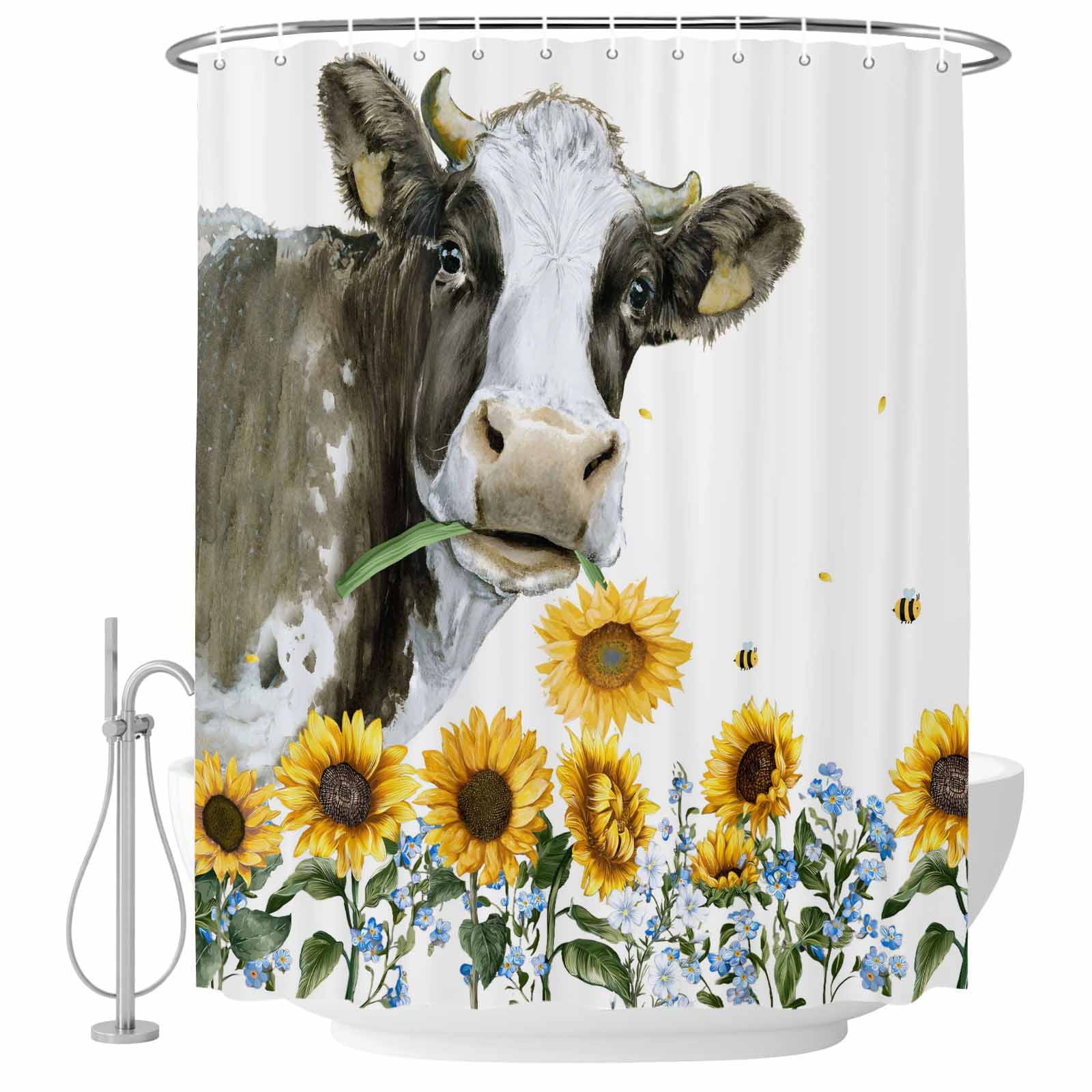 Cow With Sunflower Bathroom Shower Curtains with Hooks, Bee Blue Yellow ...