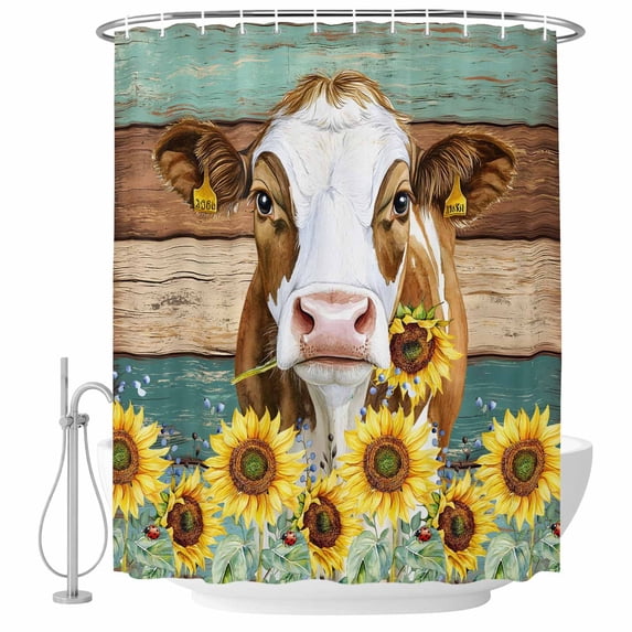 Cow Sunflower Bathroom Shower Curtains with Hooks, Plant Farm Flower ...