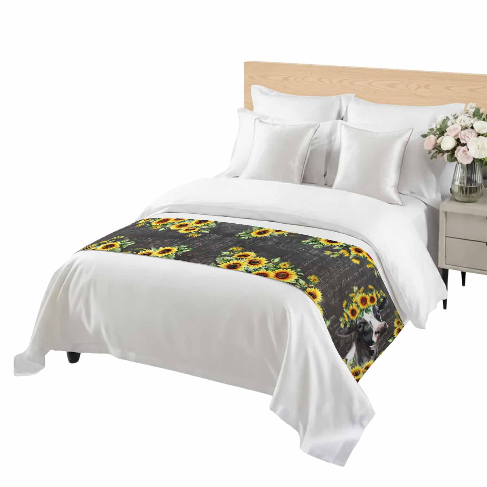 Cow Sunflower Bed Runner Queen Size Plant Farm Flower Soft Bed Scarf ...