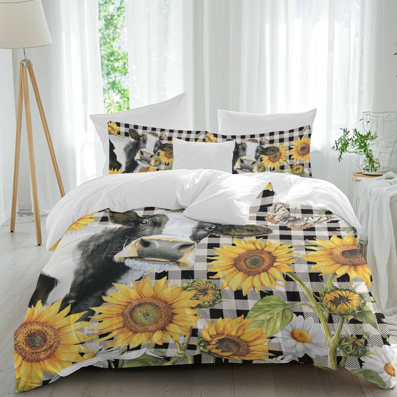 Cow Sunflower Bedding Duvet Cover Set Queen Size 4 Pieces, Farmhouse ...