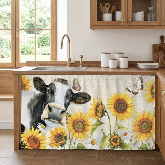 Cow Sunflower Cabinet Curtains 32" W x 55" L Farmhouse Retro White ...
