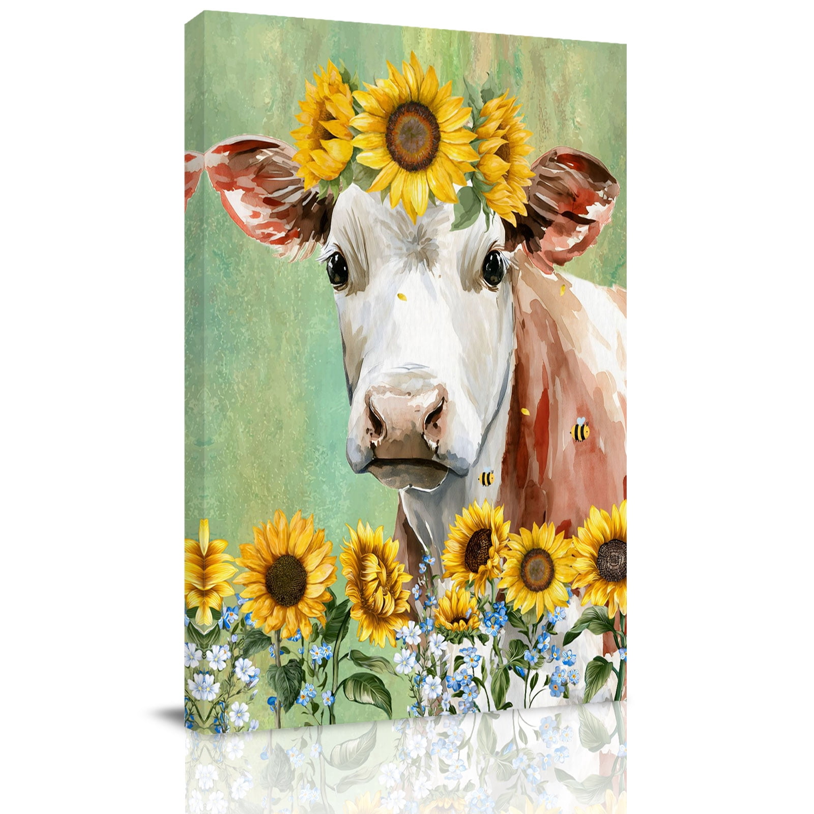Cow Sunflower Canvas Wall Art for Living Room, Country Style Green ...