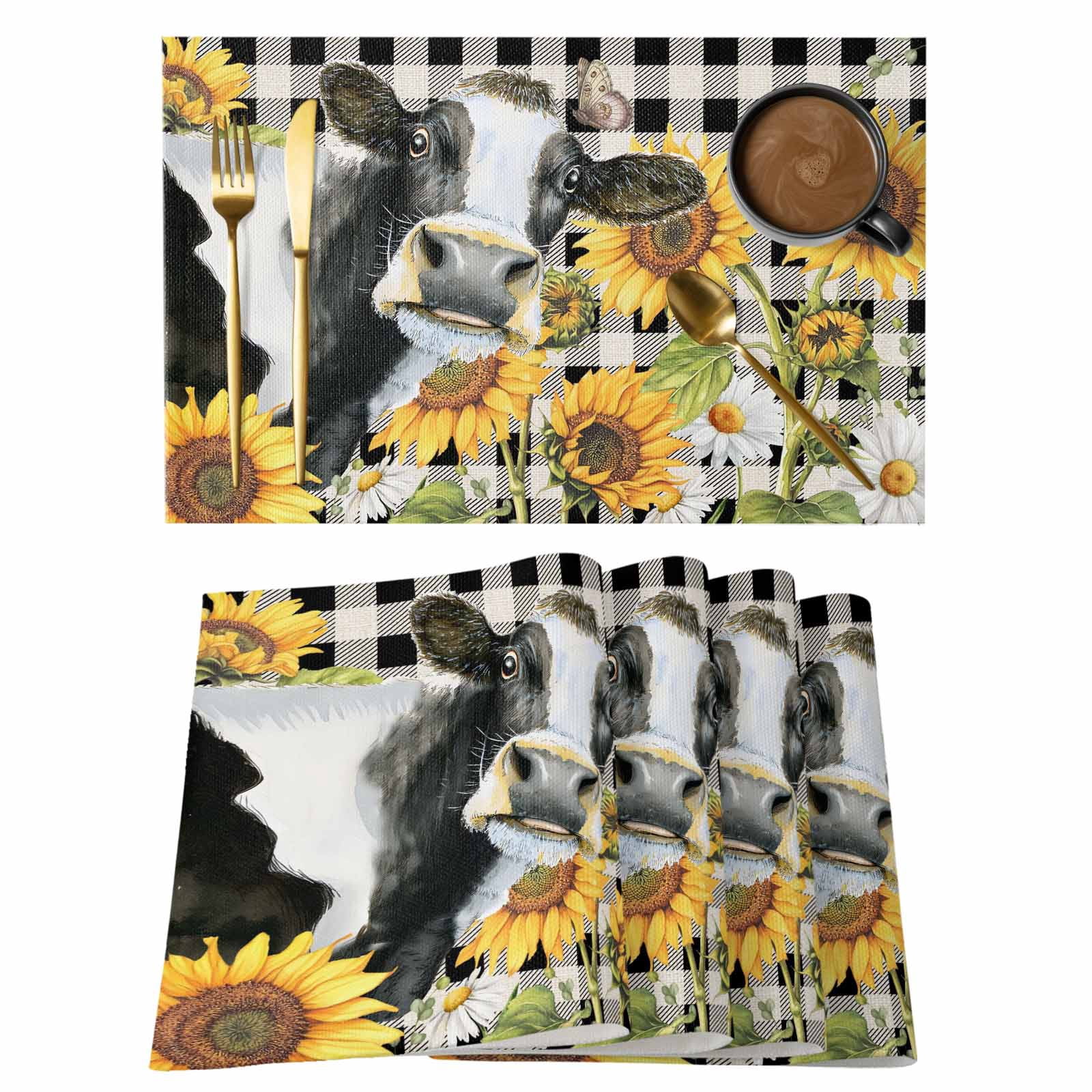 Cow Sunflower Cotton Linen Placemats Set of 1, Farmhouse White Yellow ...